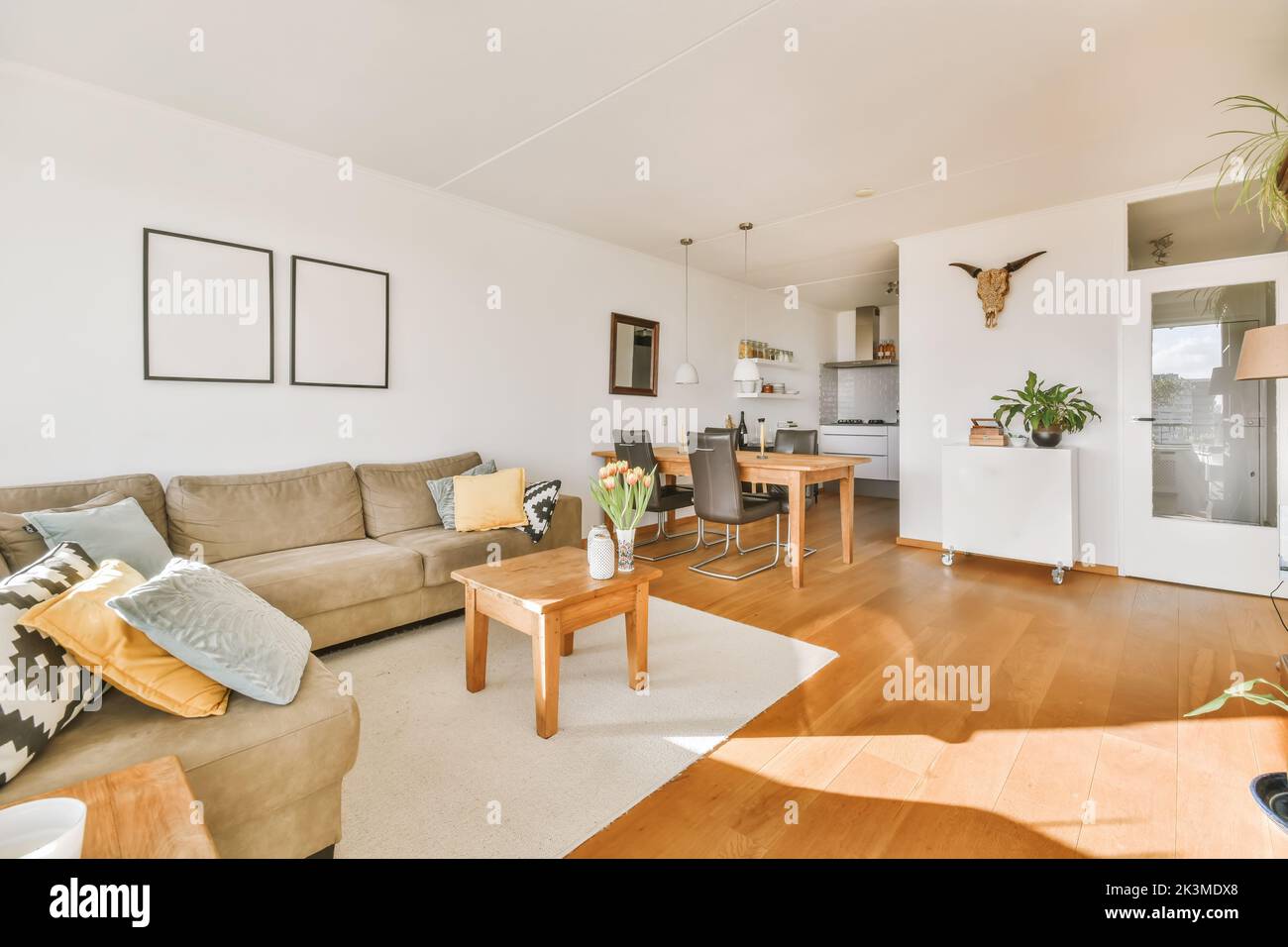 Interior of contemporary open space flat with dining table and sofa in ...