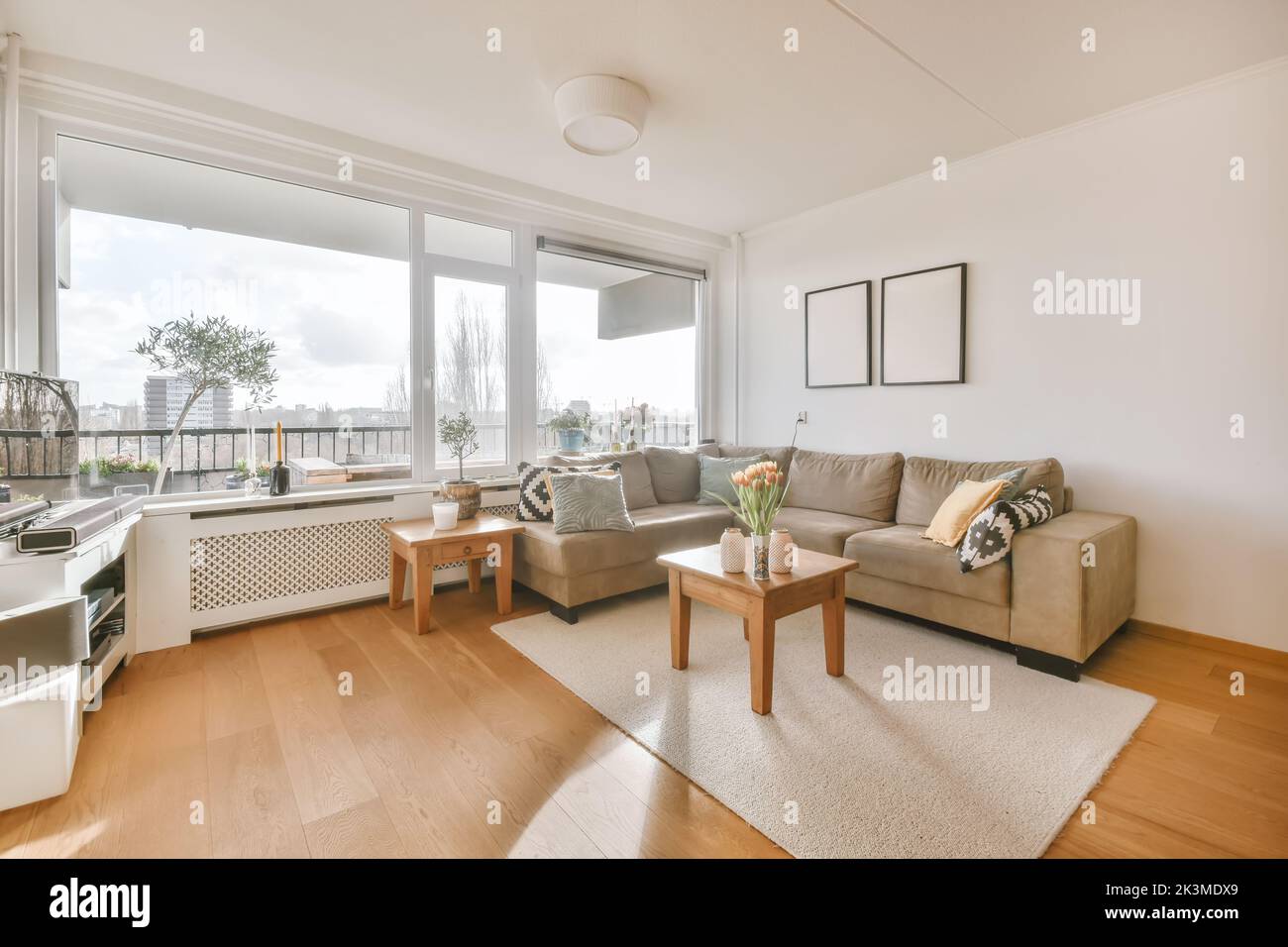 Interior of contemporary open space flat with dining table and sofa in ...