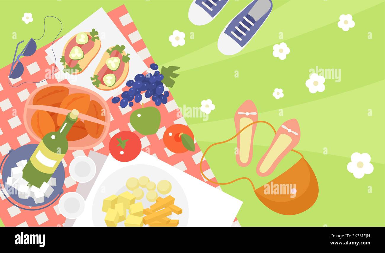 Picnic food, top view vector illustration. Cartoon weekend lunch in ...