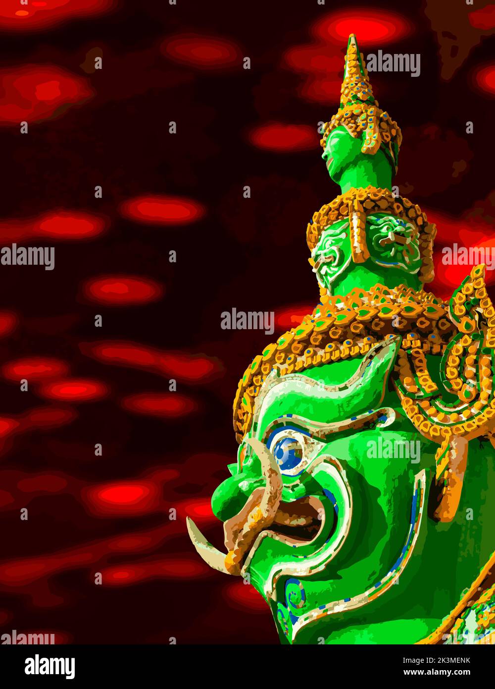 Side view of a giant Tosakan with 10 faces and 10 arms, green body, The ...