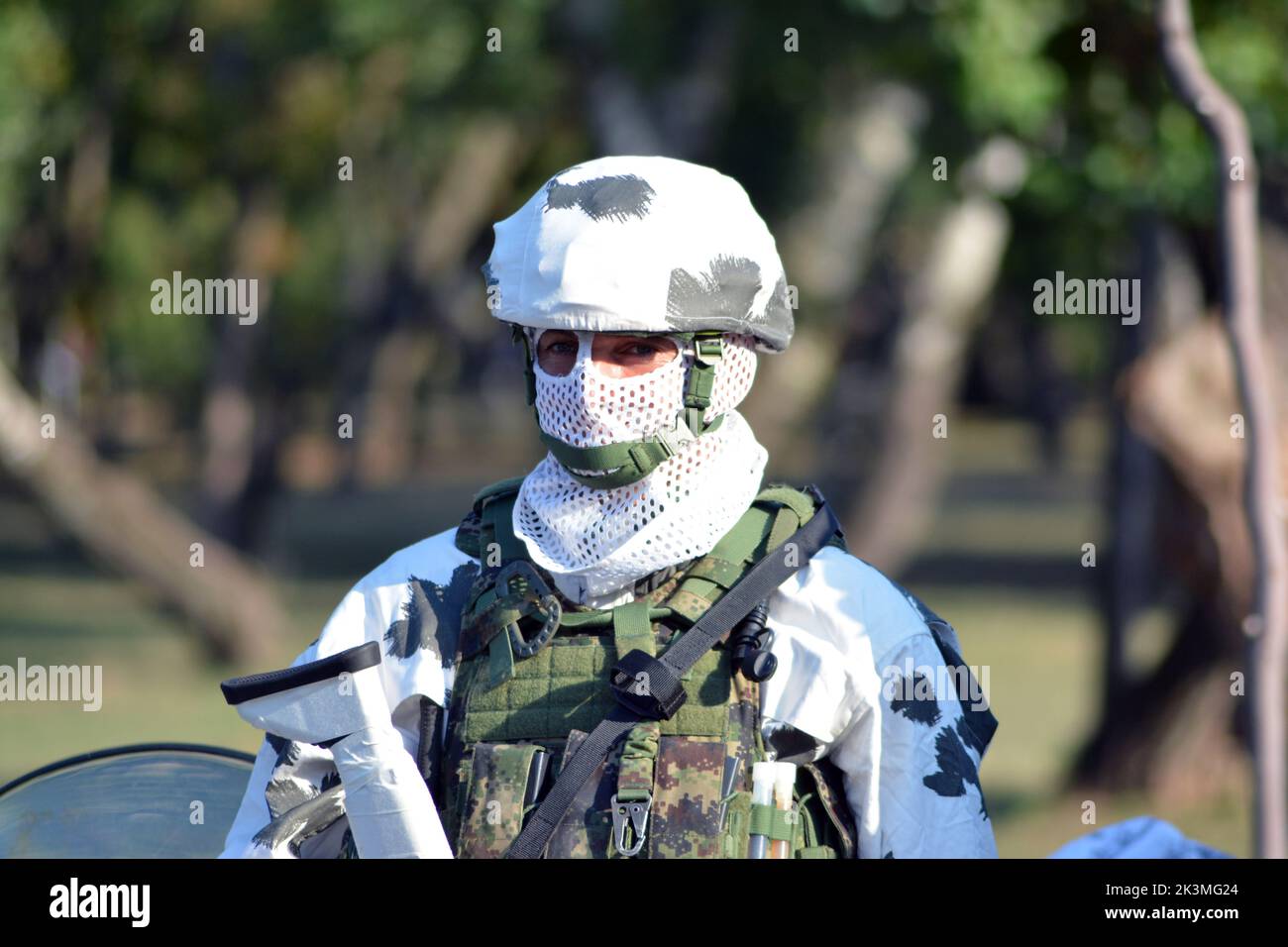armed masked soldier at free open air military exhibition Stock Photo ...