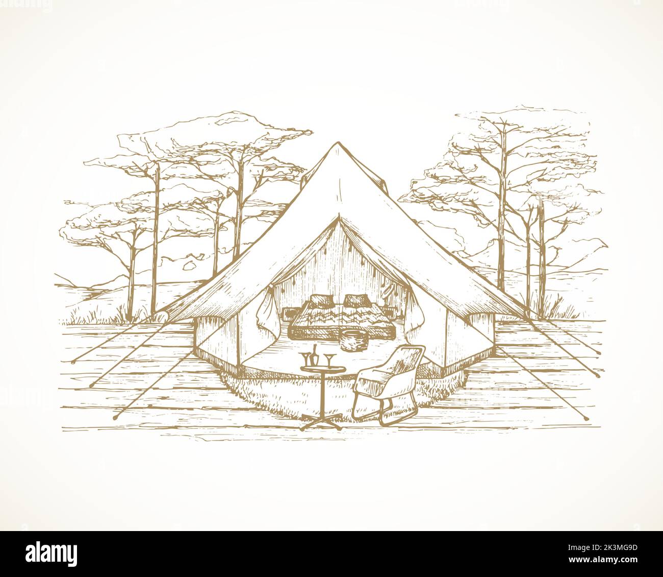 Hand Drawn Glamping Landscape Vector Illustration. Cozy Outdoor ...