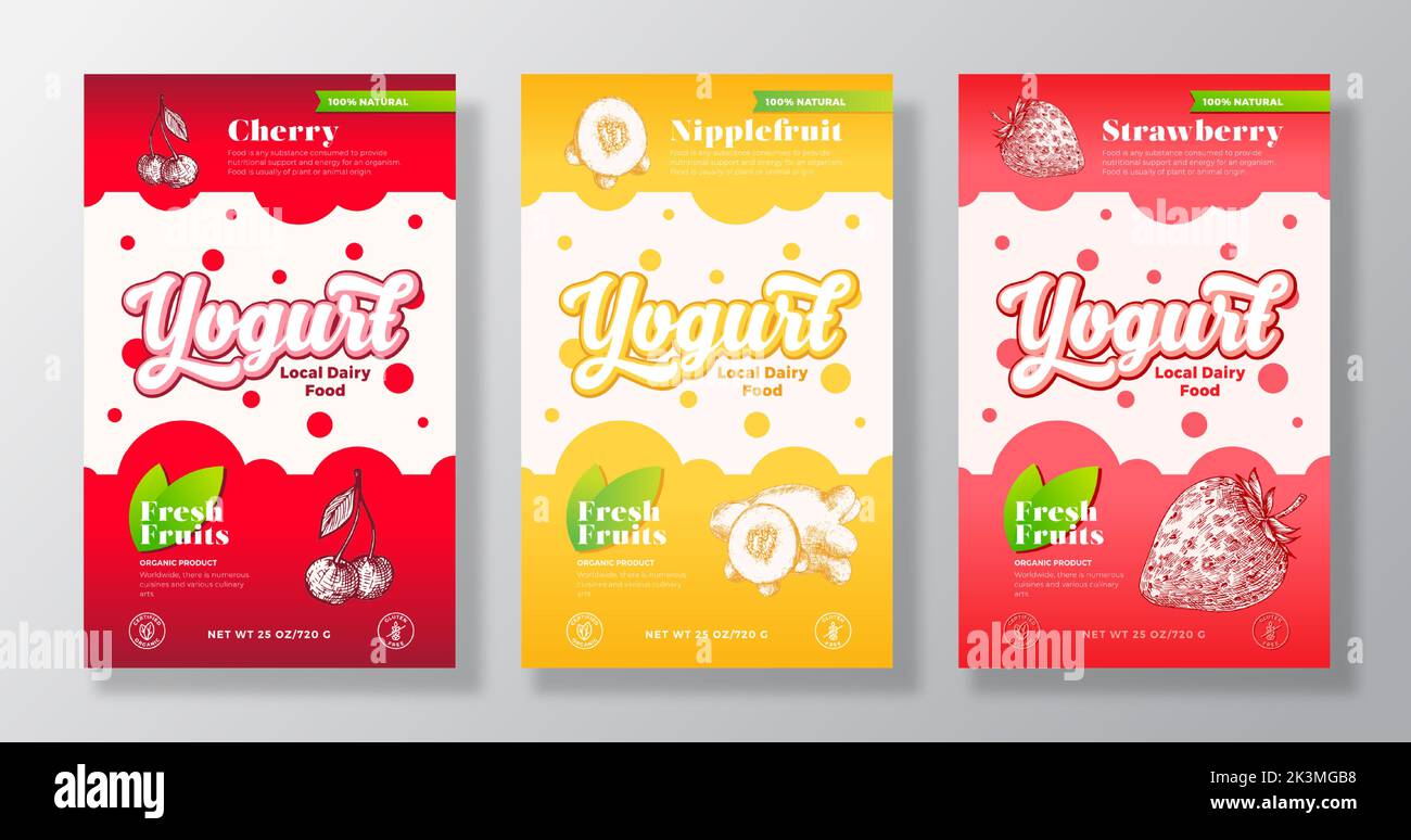 Fruits and Berries Yogurt Label Templates Set. Abstract Vector Dairy ...