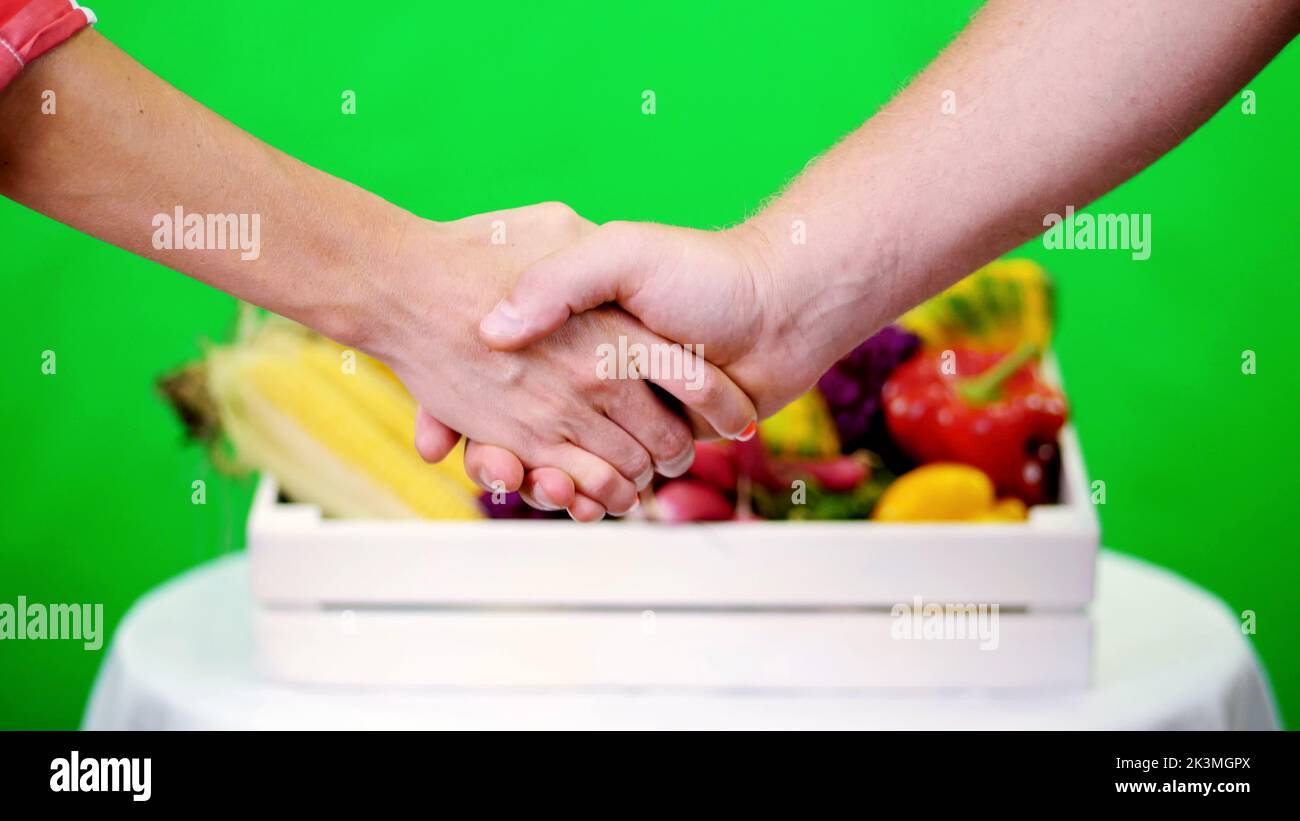 close-up, friendly handshake on Chromakey, green background and a box ...