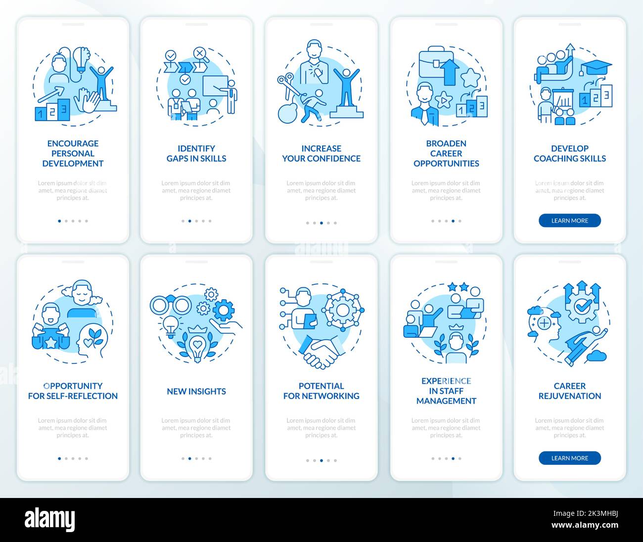 Mentoring in workplace benefits blue onboarding mobile app screen set Stock Vector Image & Art ...
