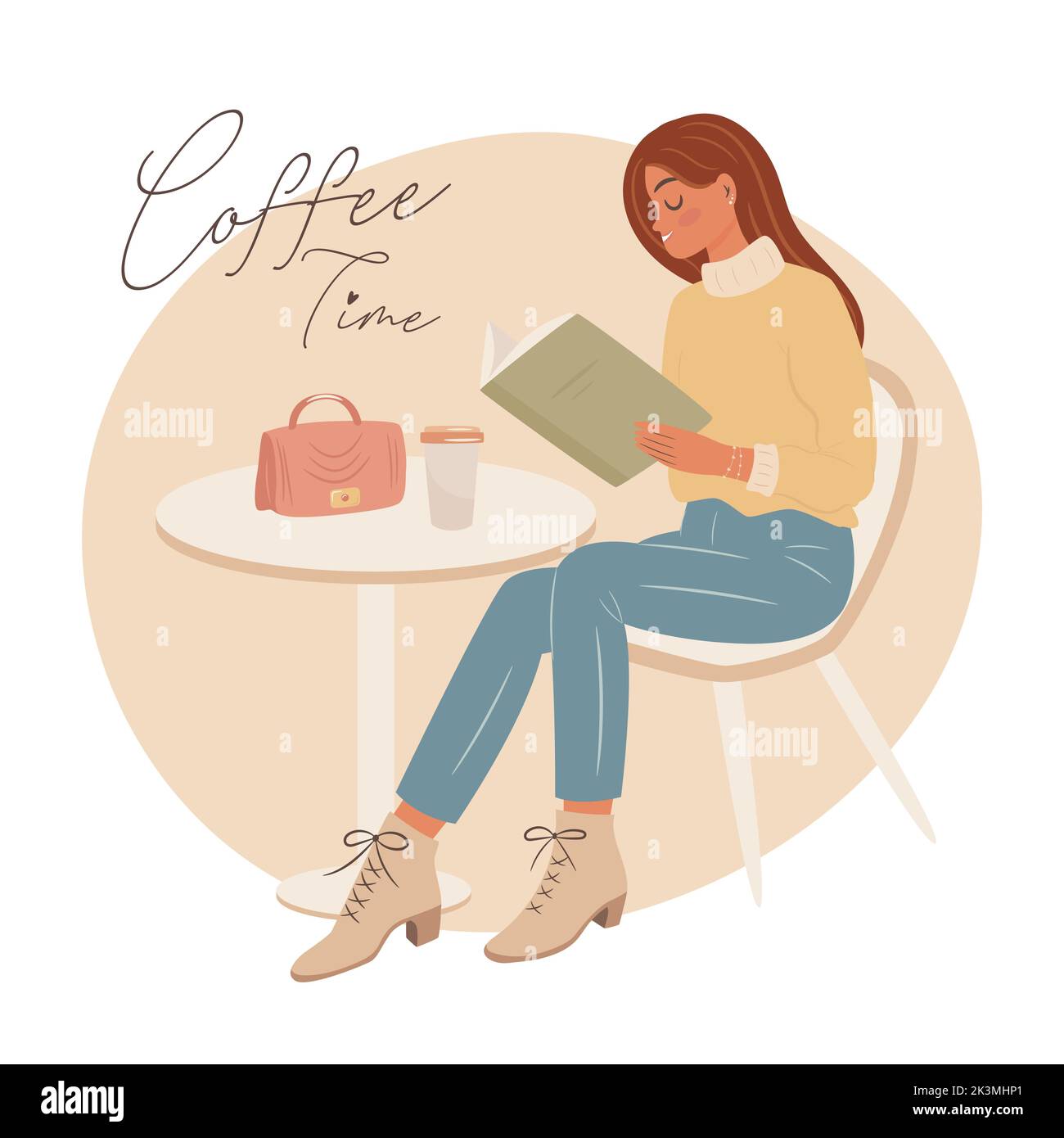 Woman reading book and drinking coffee in the cafe. Hello Fall concept. Coffee time concept ...