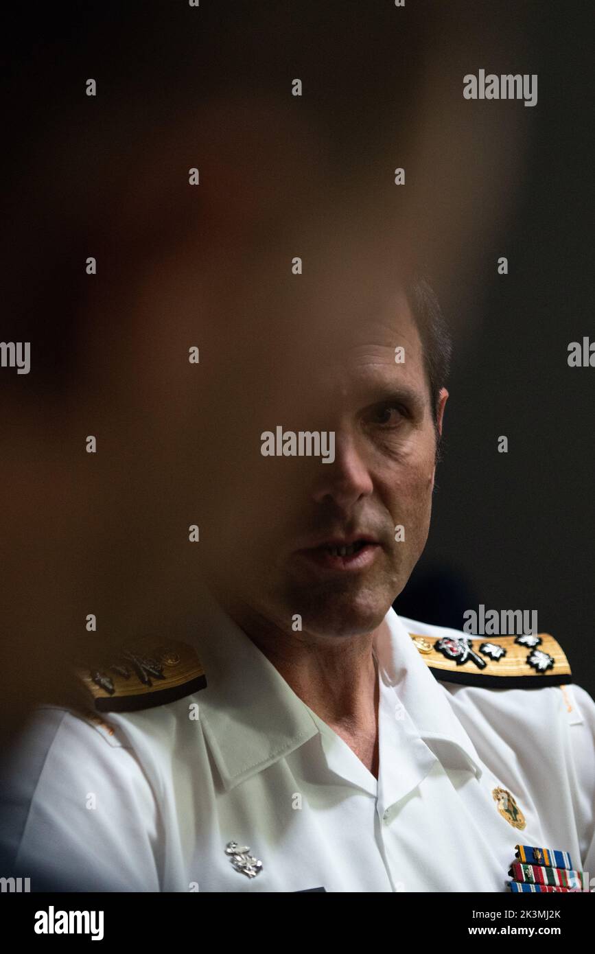 Vice-Admiral Angus Topshee speaks with a reporter during an interview ...
