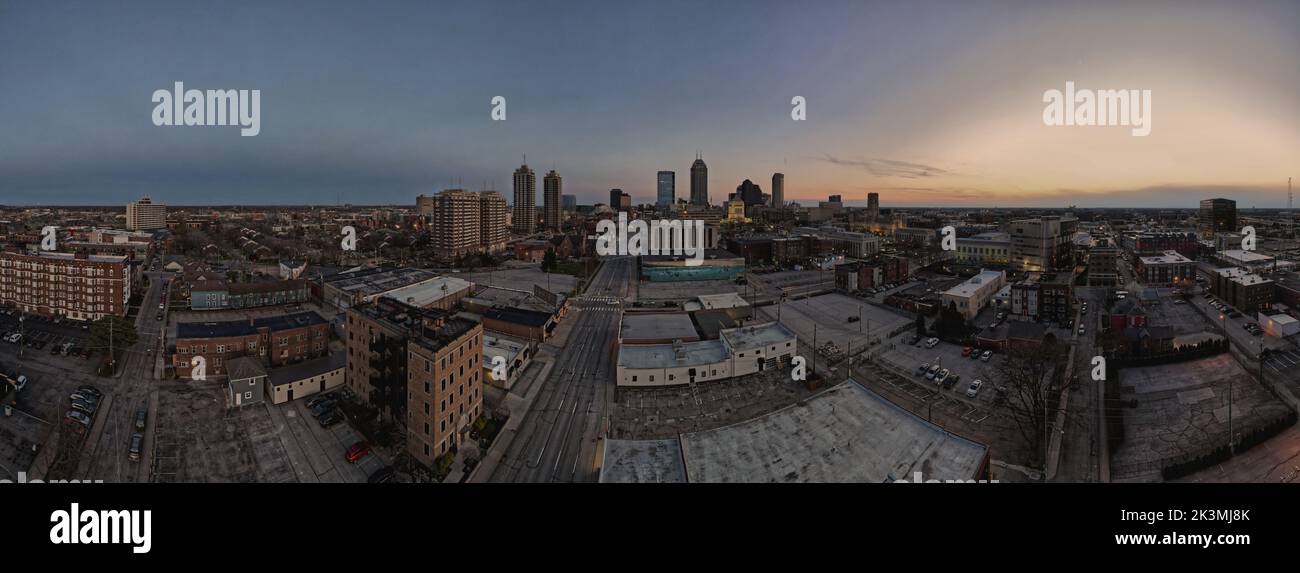 An aerial panoramic view of downtown Indianapolis during sunset Stock ...