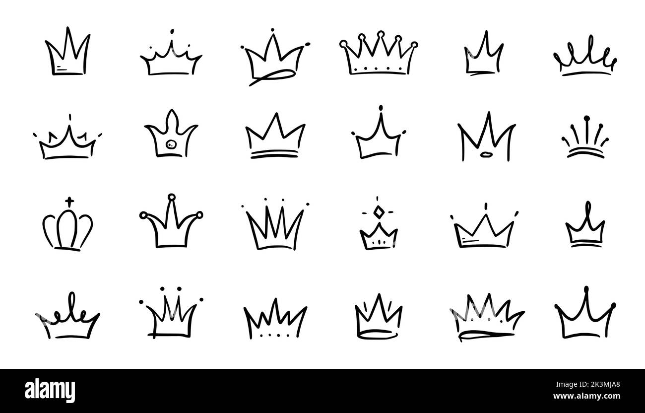 Doodle crown hand drawn set. Doodle princess crown, queen tiara. Line ...