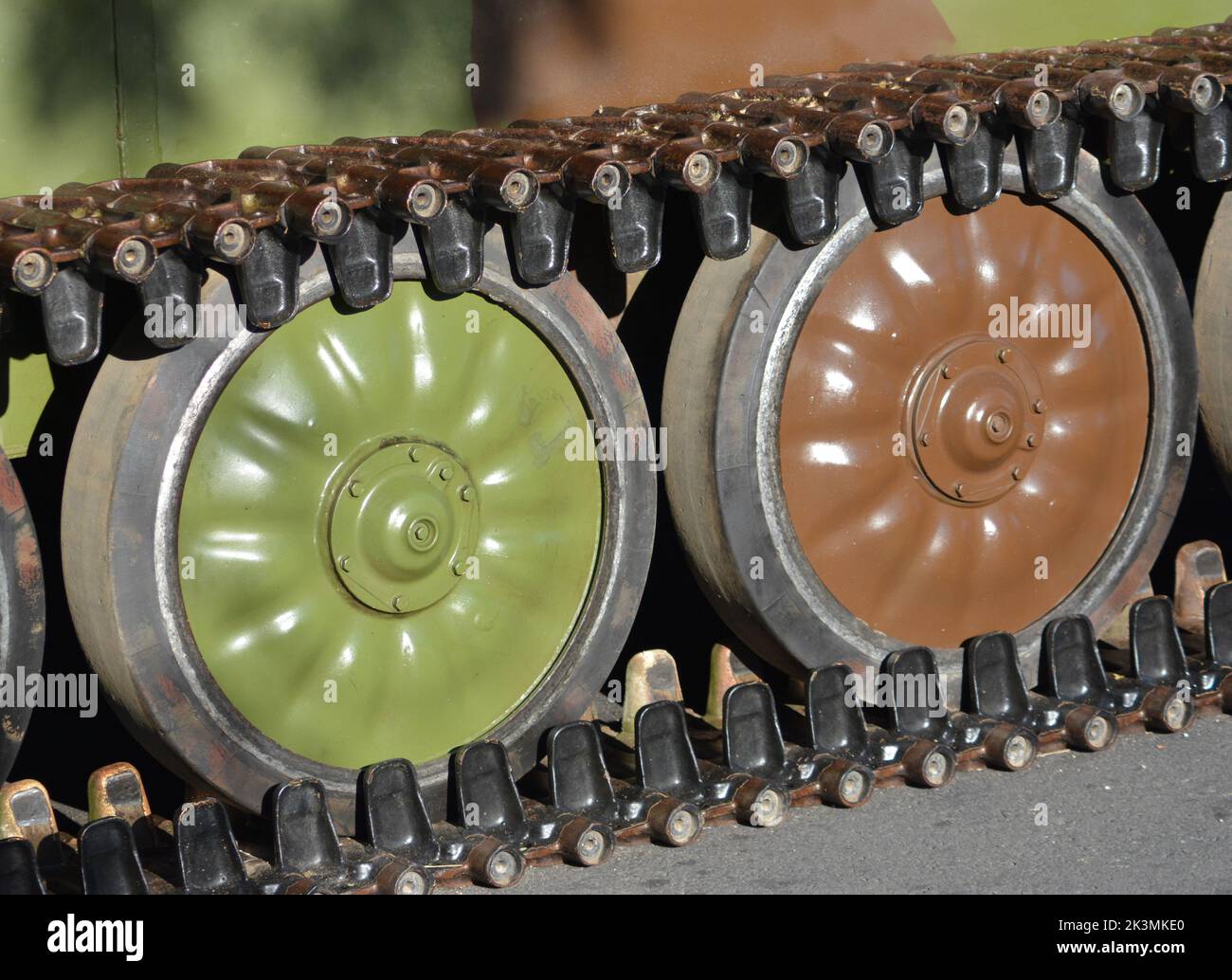 a detail of tank metal tracks on a free open air military exhibition ...