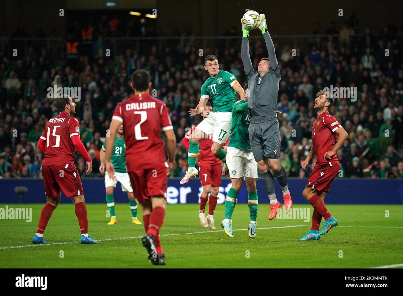 Armenia goalkeeper David Yurchenko claims the ball during the UEFA ...