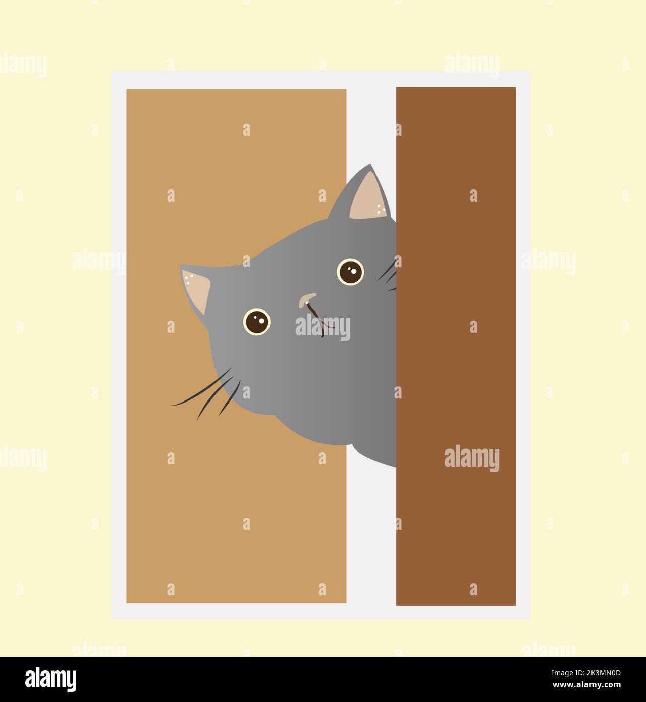 gray fat cat peeking out from behind the door Stock Photo - Alamy