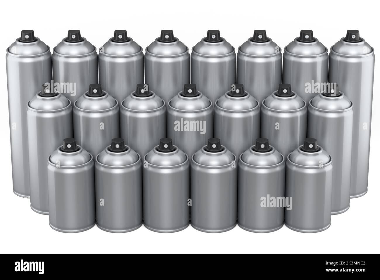 Set of silver spray paint cans in row on white background. 3d render ...