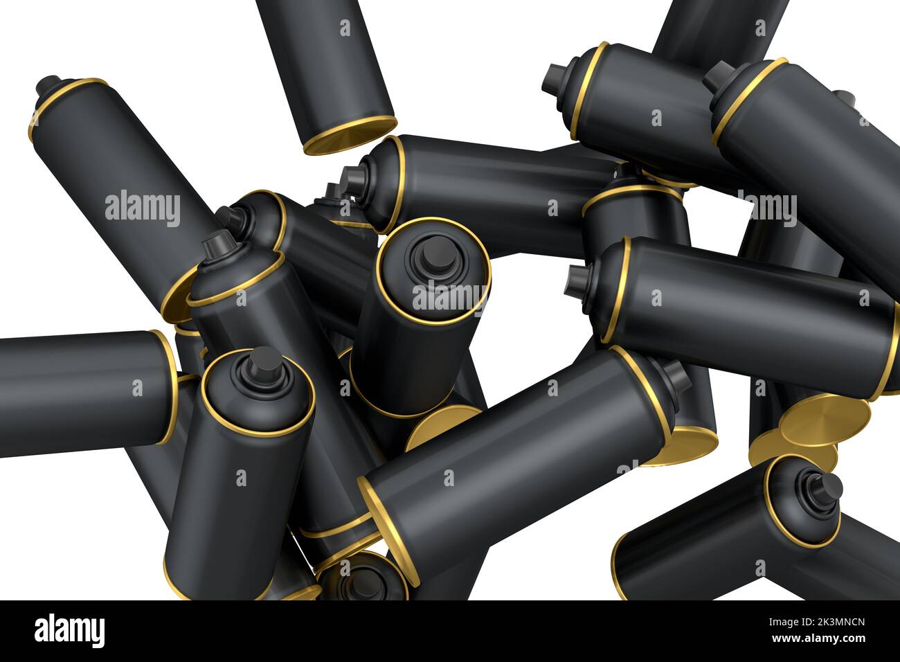 Lots of flying spray paint cans on white background. 3d render spray ...