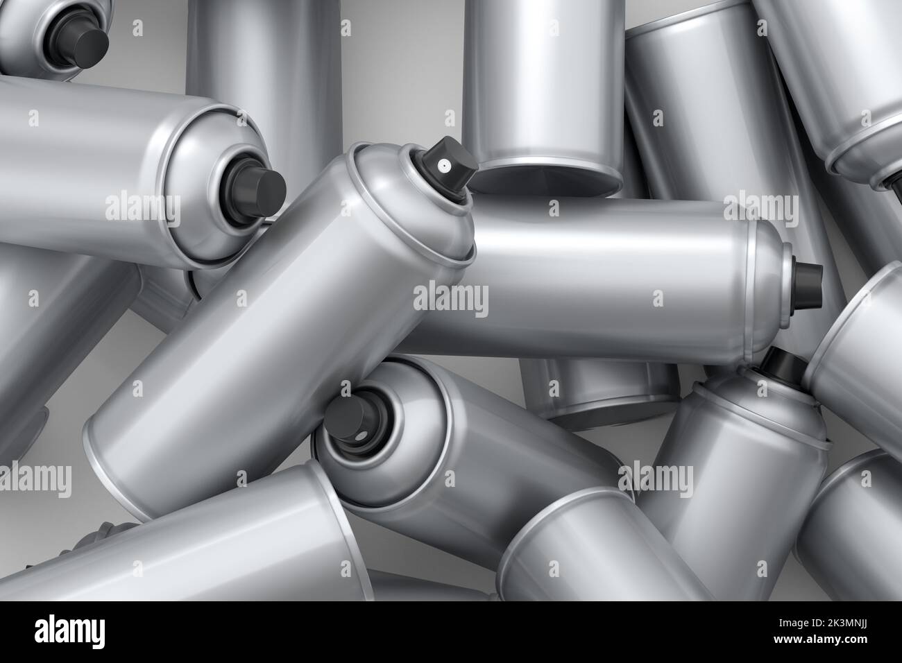 Lots of flying spray paint cans on white background. 3d render spray ...