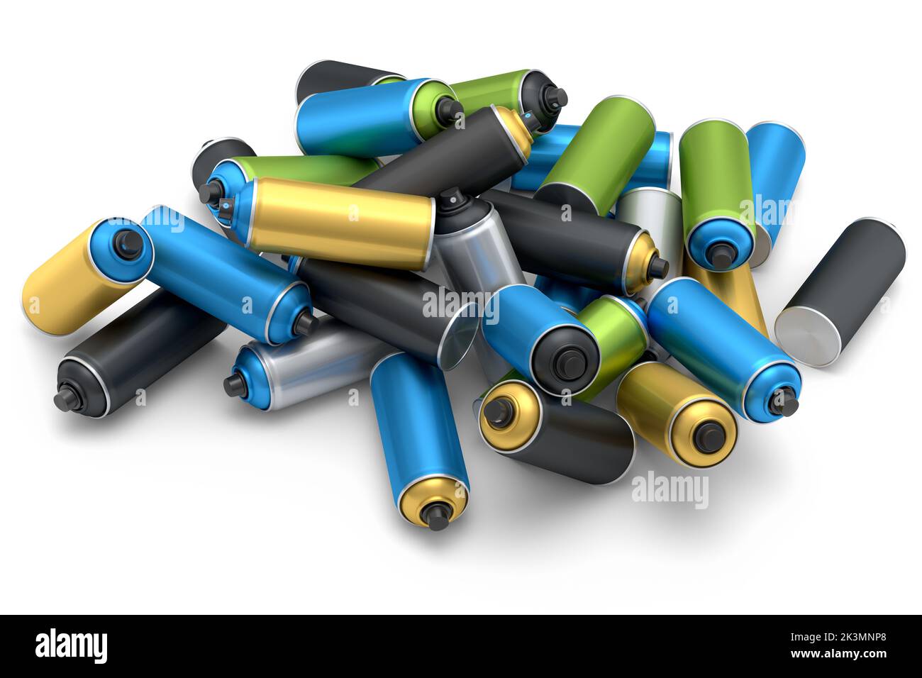 Lots of flying spray paint cans on white background. 3d render spray ...