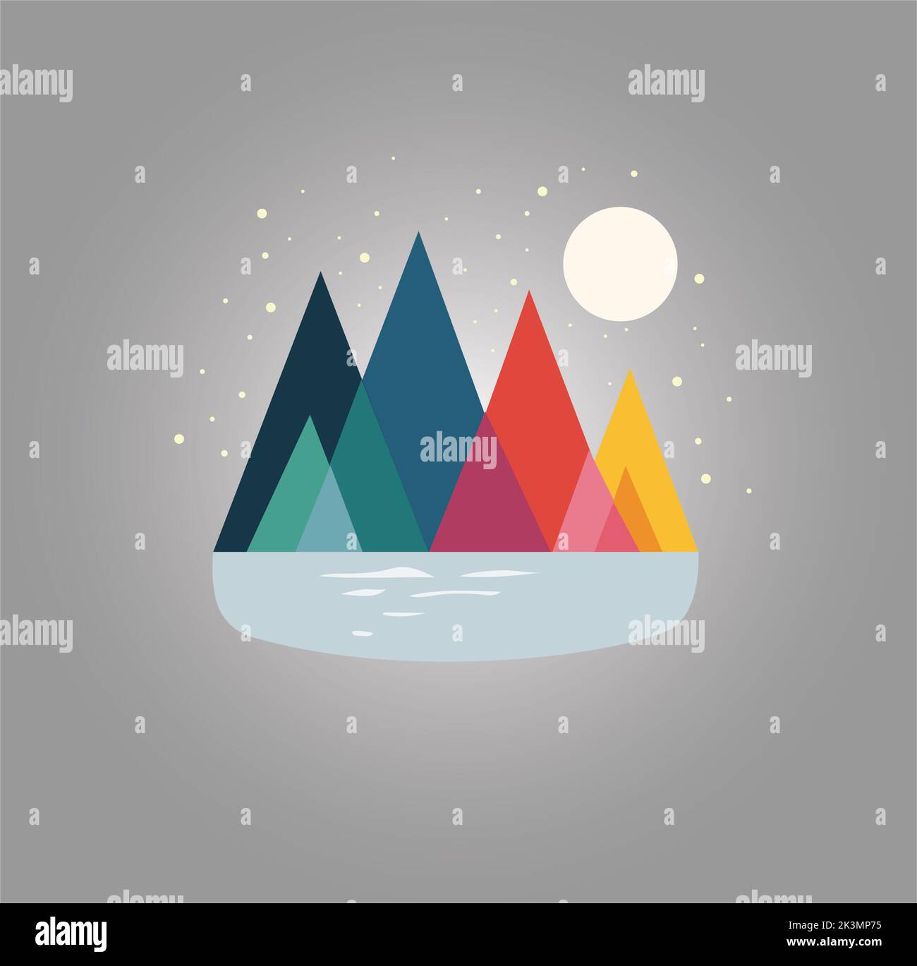 Mountains and lake at night landscape flat vector illustration. Nature ...