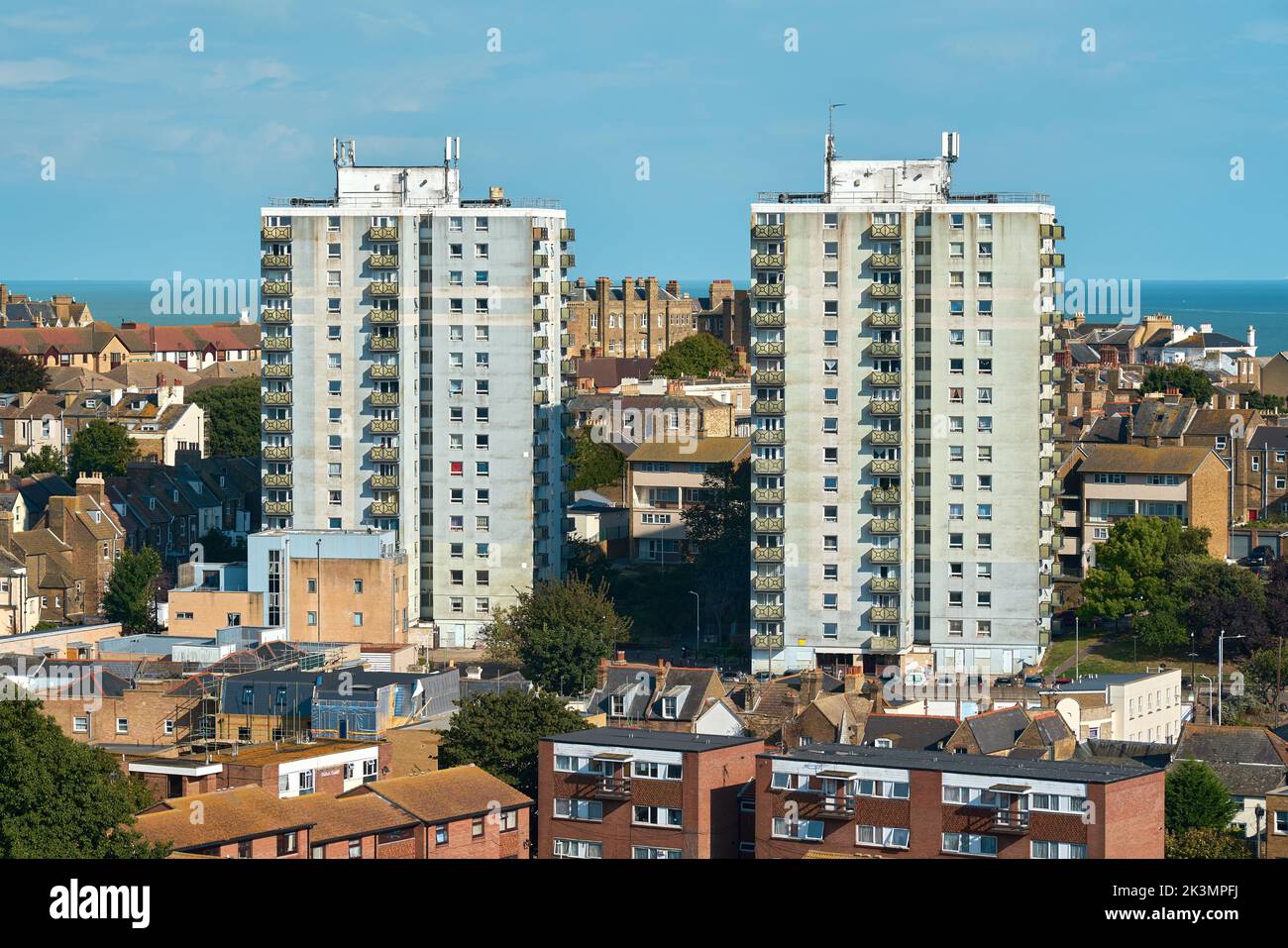 The residential tower blocks Kennedy House and Trove Court in the town ...