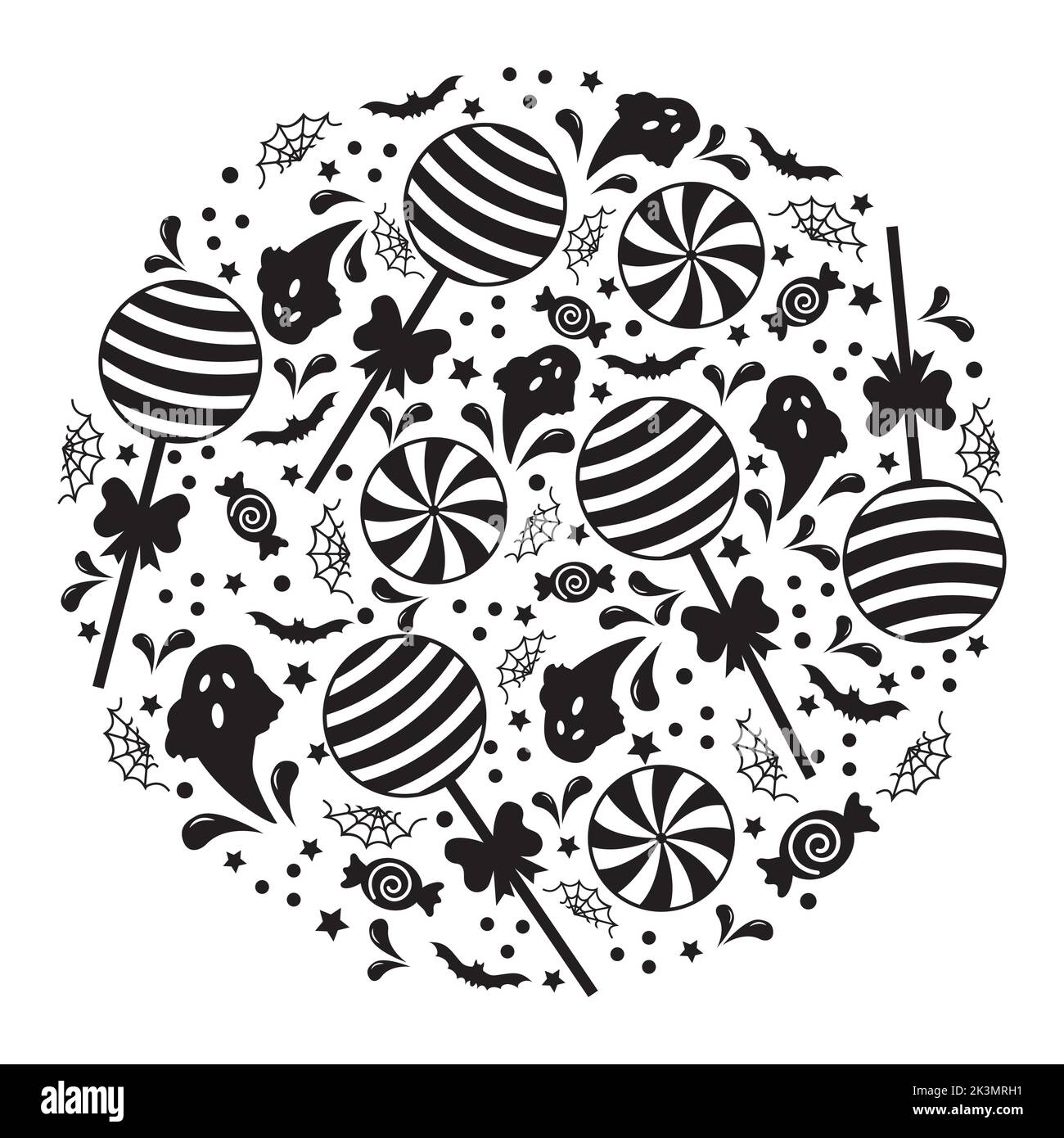 Round Halloween frame with ghosts, cobwebs and sweets, vector ...