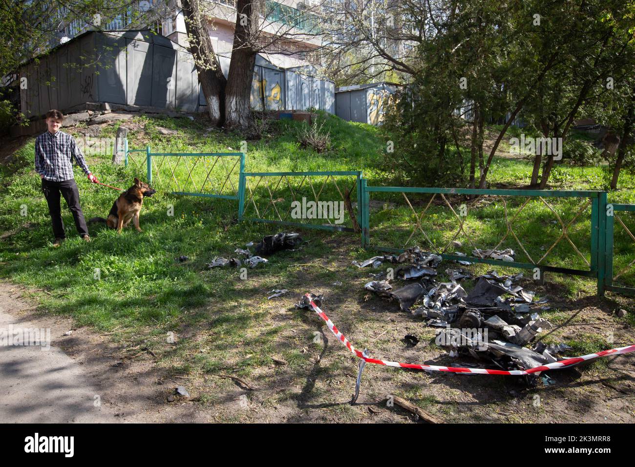 Kyiv, Ukraine. 29th Apr, 2022. Fragment of Russian rocket at the site ...
