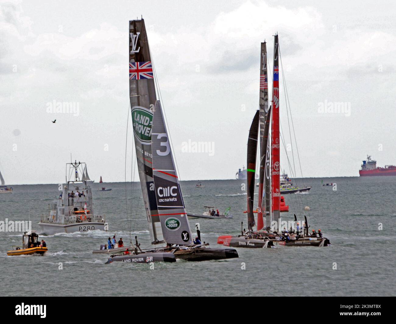 Americas Cup yachts in the Solent preparing for the America's cup races ...