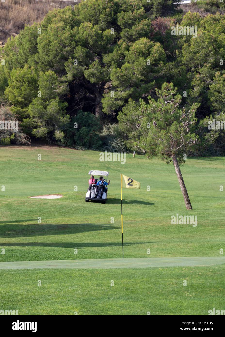 Golf cart in fairway of golf course with green grass and trees Stock ...