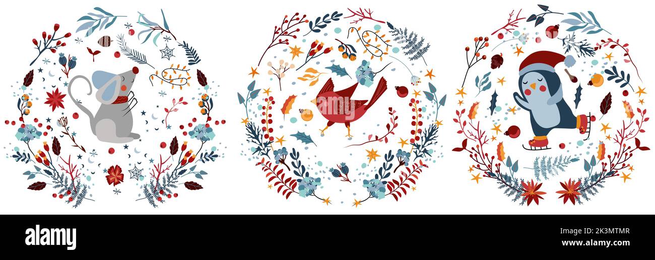 Winter compositions, animals in Christmas wreath, cute mouse in a scarf ...