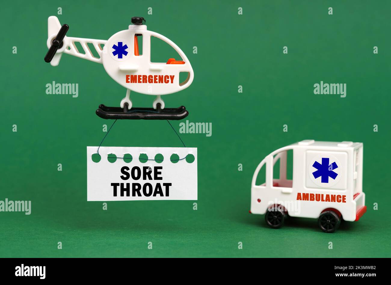 Medical concept. On a green surface, an ambulance car and a helicopter ...