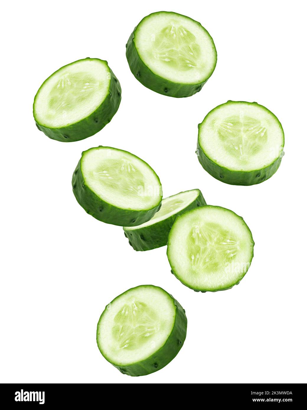 Falling cucumber slice isolated on white background, clipping path, full depth of field Stock ...