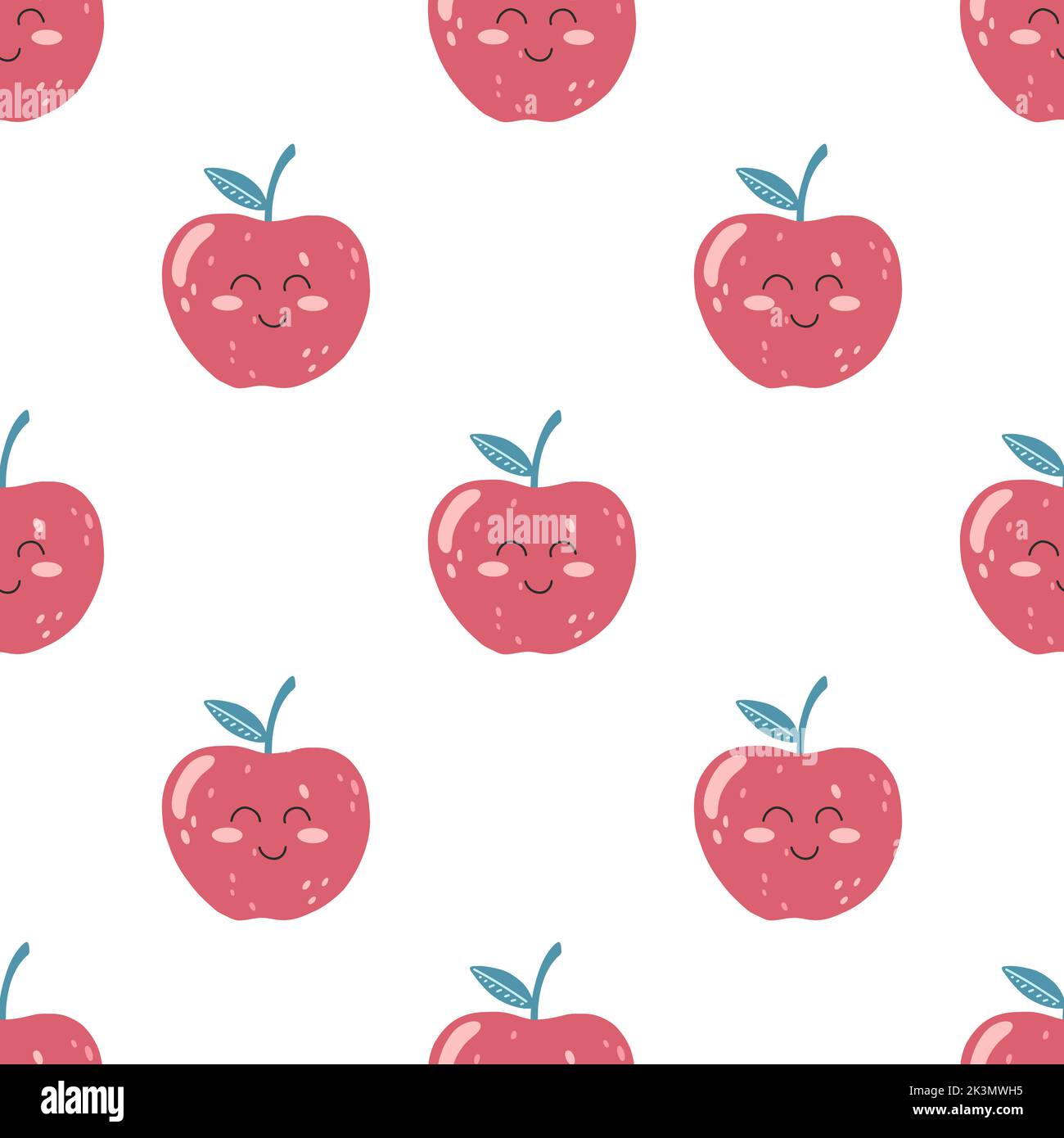 Seamless pattern with cute apple kawaii fruit with happy face in flat ...