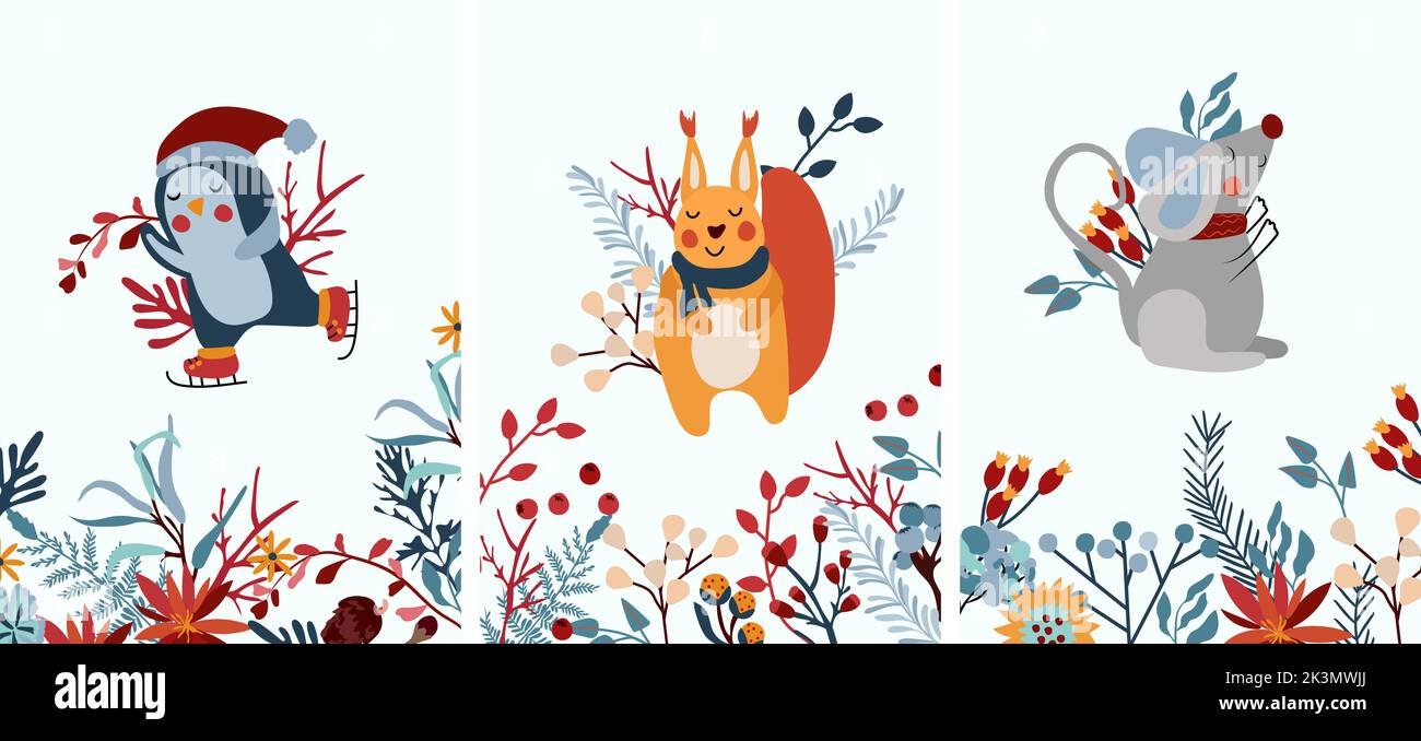 Winter background with arctic penguin on skates, funny squirrel, cute ...