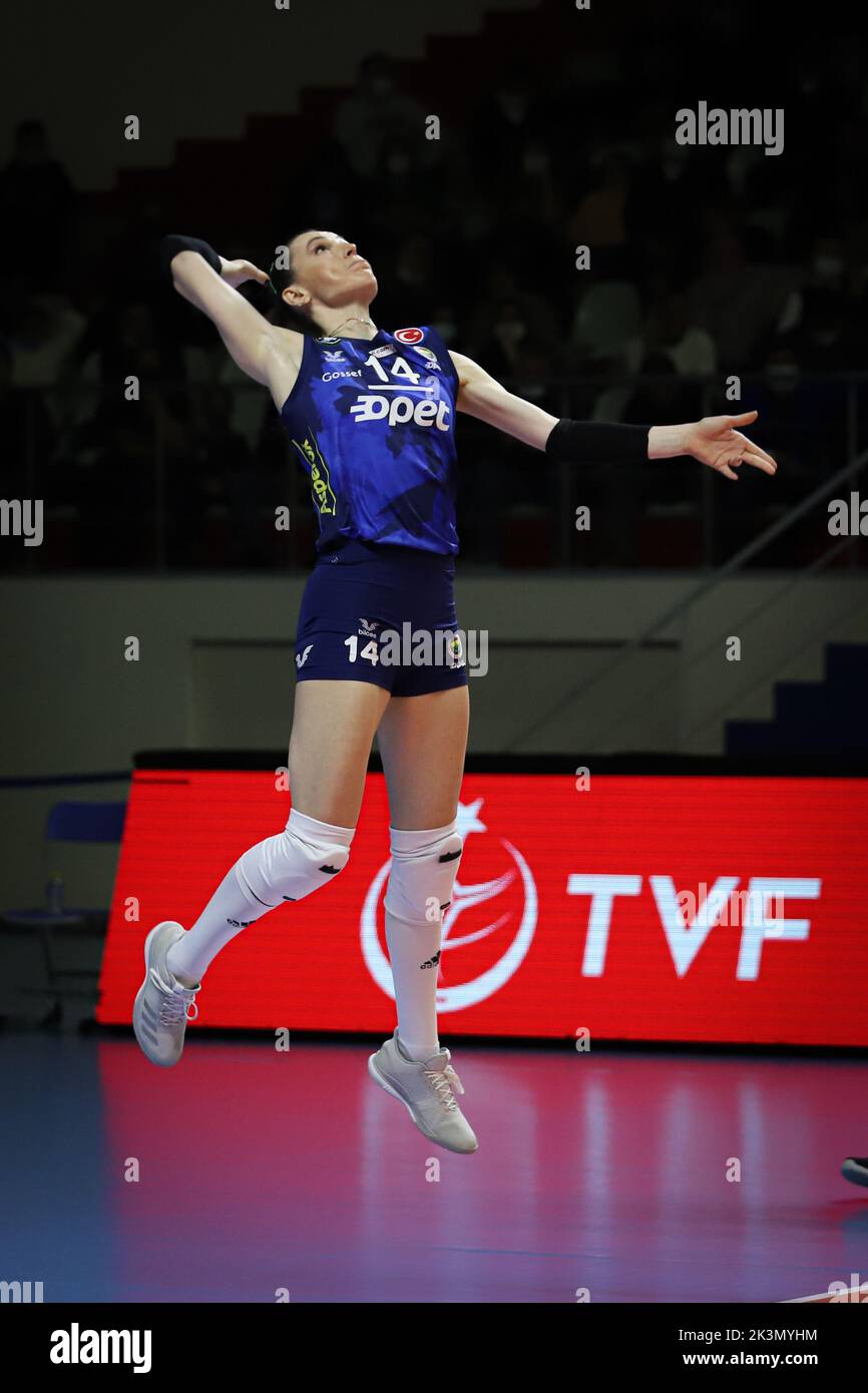 ISTANBUL, TURKEY - FEBRUARY 07, 2022: Eda Erdem Dundar serves during ...
