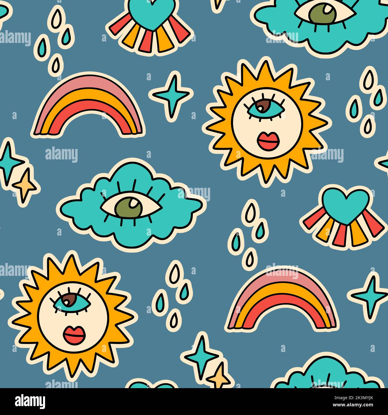 Cute cartoon groovy rainbow sun cloud sticker vector seamless pattern ...