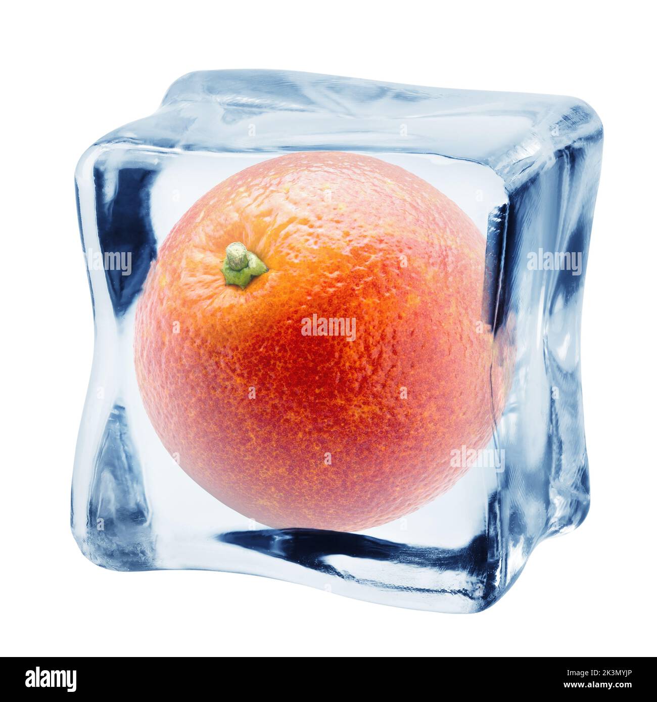 red blood orange in ice cube, isolated on white background, clipping ...