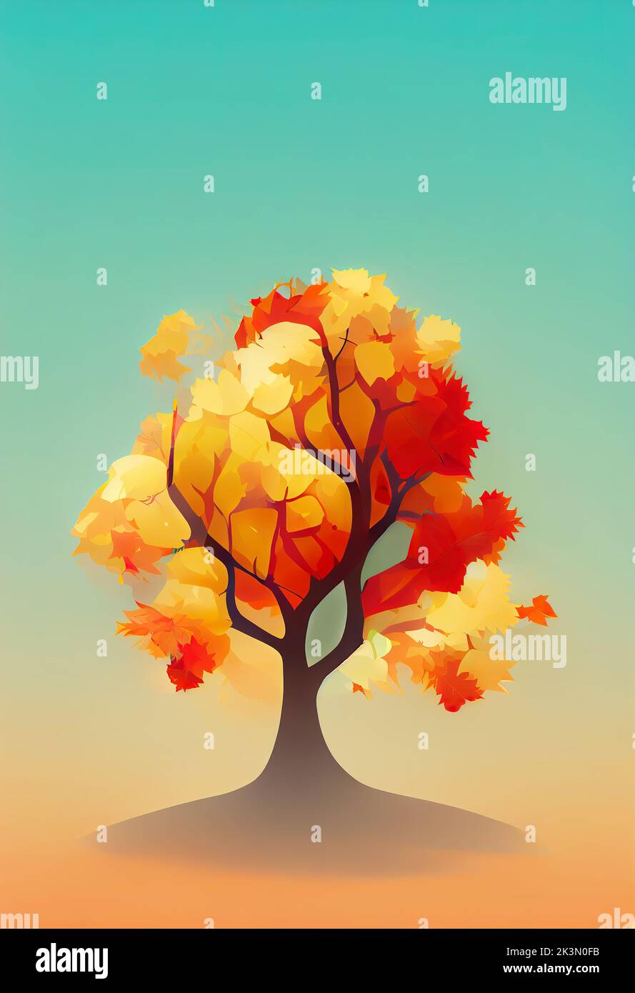 Autumn tree with yellow-orange foliage. Gradient background. Digital ...