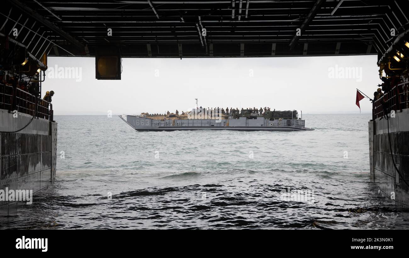 U.S. Navy Landing Craft, Utility 1663 exits the well deck of the ...