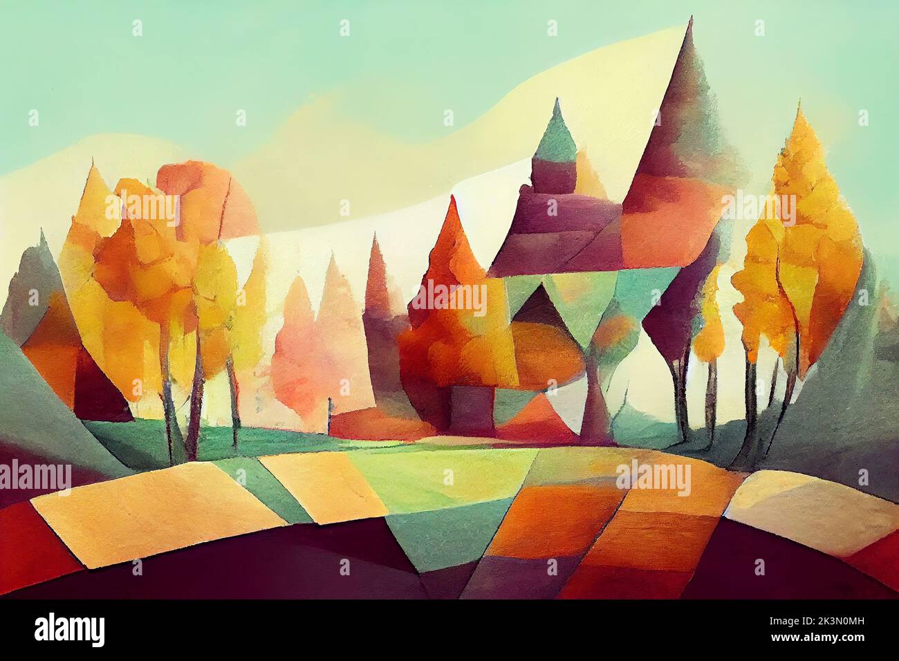 Autumn forest light pastel colors. Style Cubism. Artistic effect ...