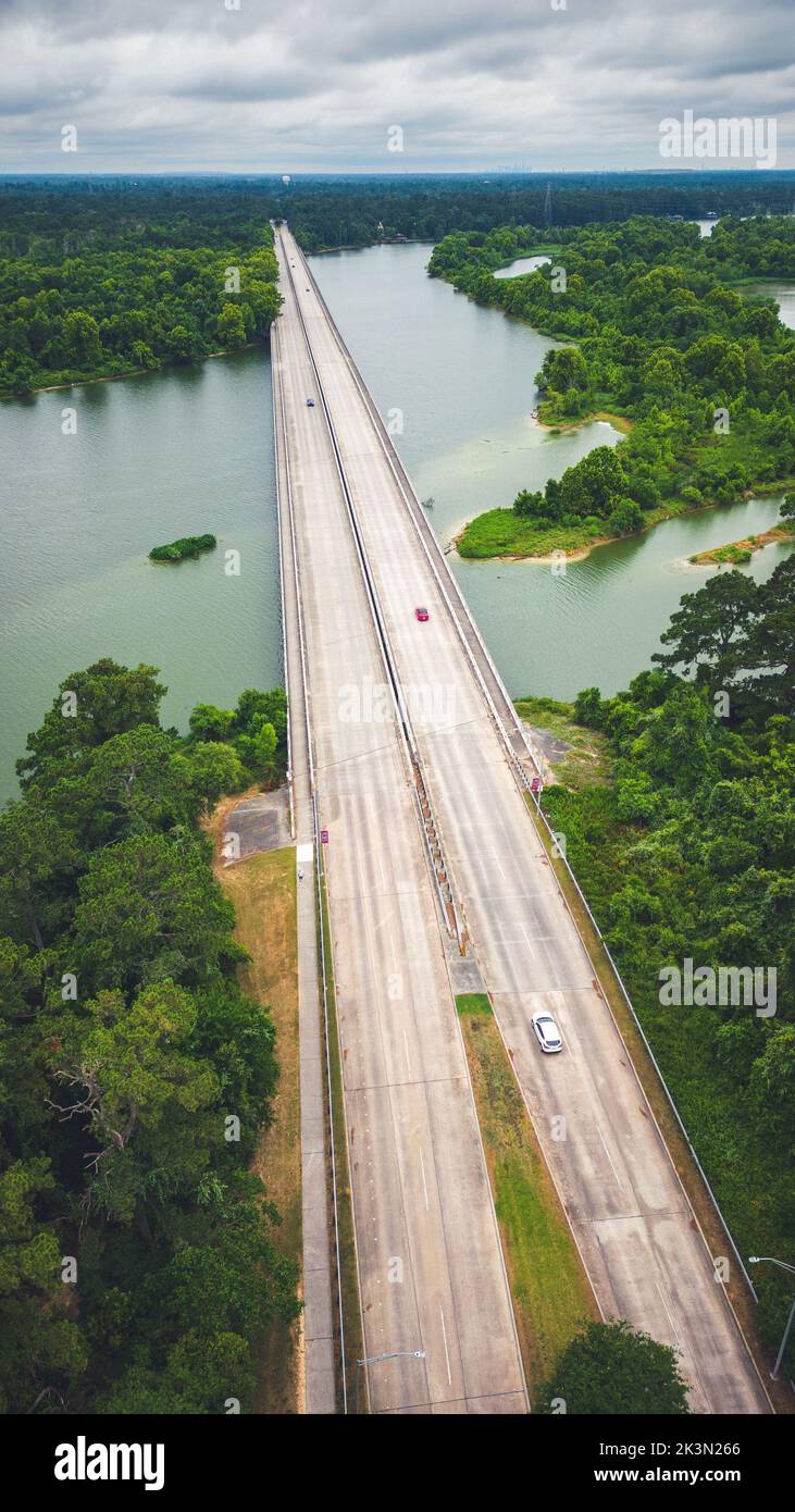 A vertical aerial of a bridge over Lake Houston, Texas Stock Photo - Alamy