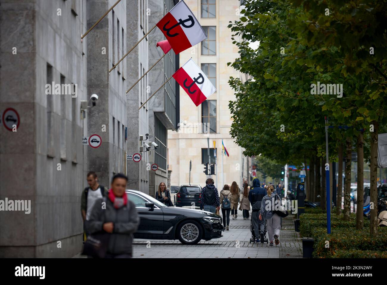 Flags are seen on the exterior of the National Bank of Poland building ...