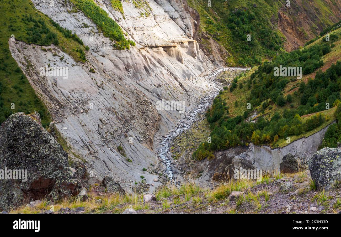 Aerial shot of a gorge with river flows at the bottom of a gorge Stock ...