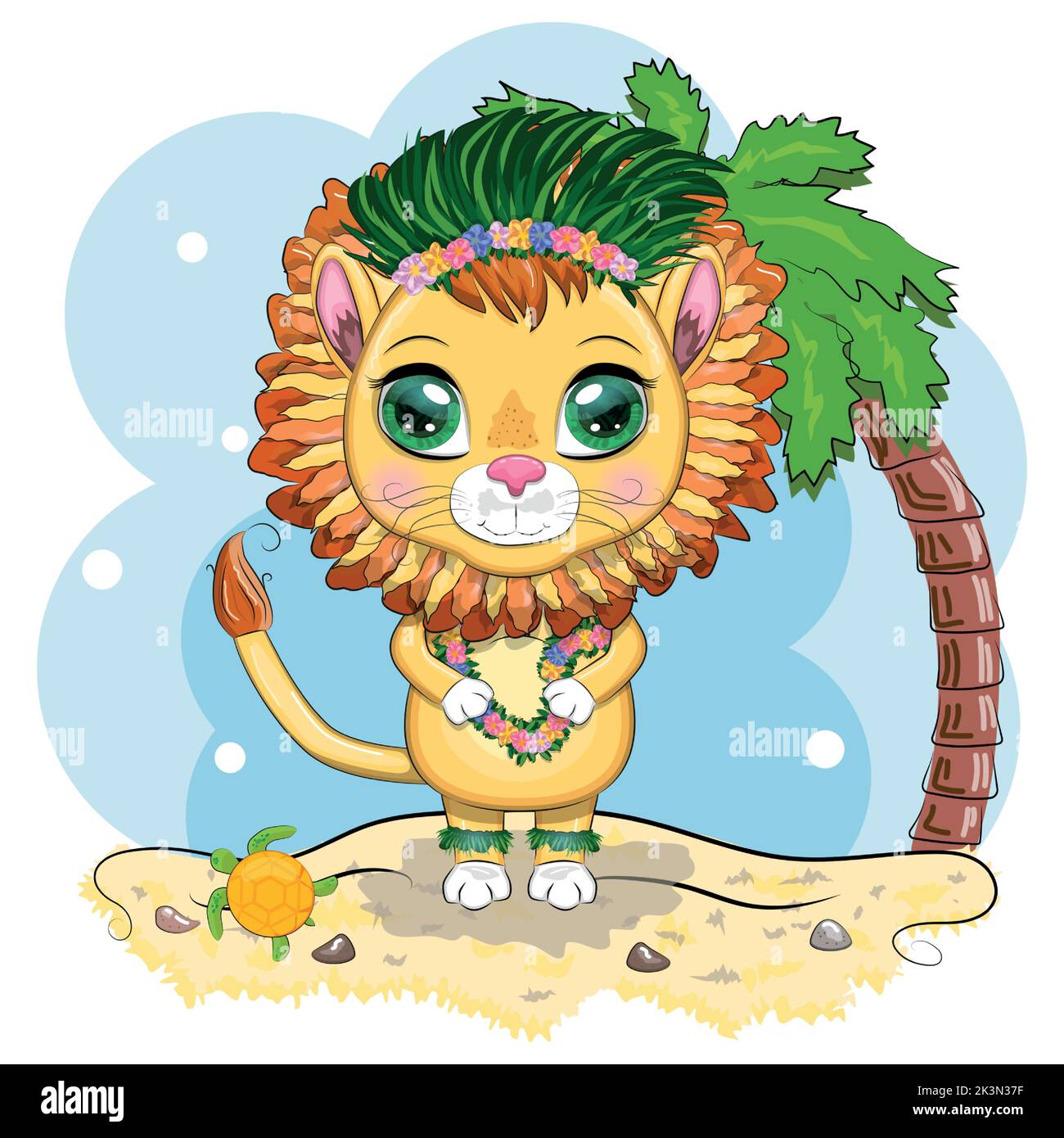 Cute little lion with wreath of hawaii flowers. Cartoon illustration ...
