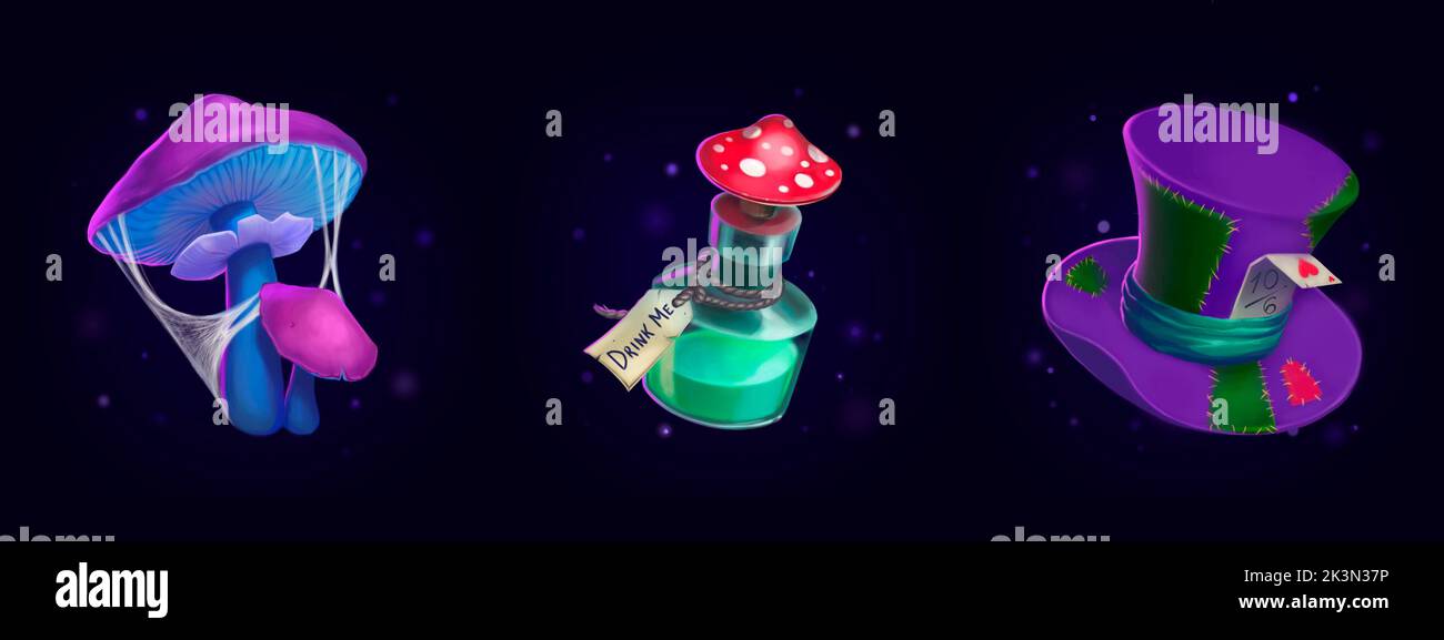 Digital illustration of Alice in Wonderland set. Hat, cards, mushrooms ...