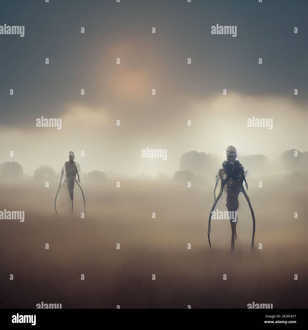 Alien civilization with fantastic humanoid creatures. Digital ...