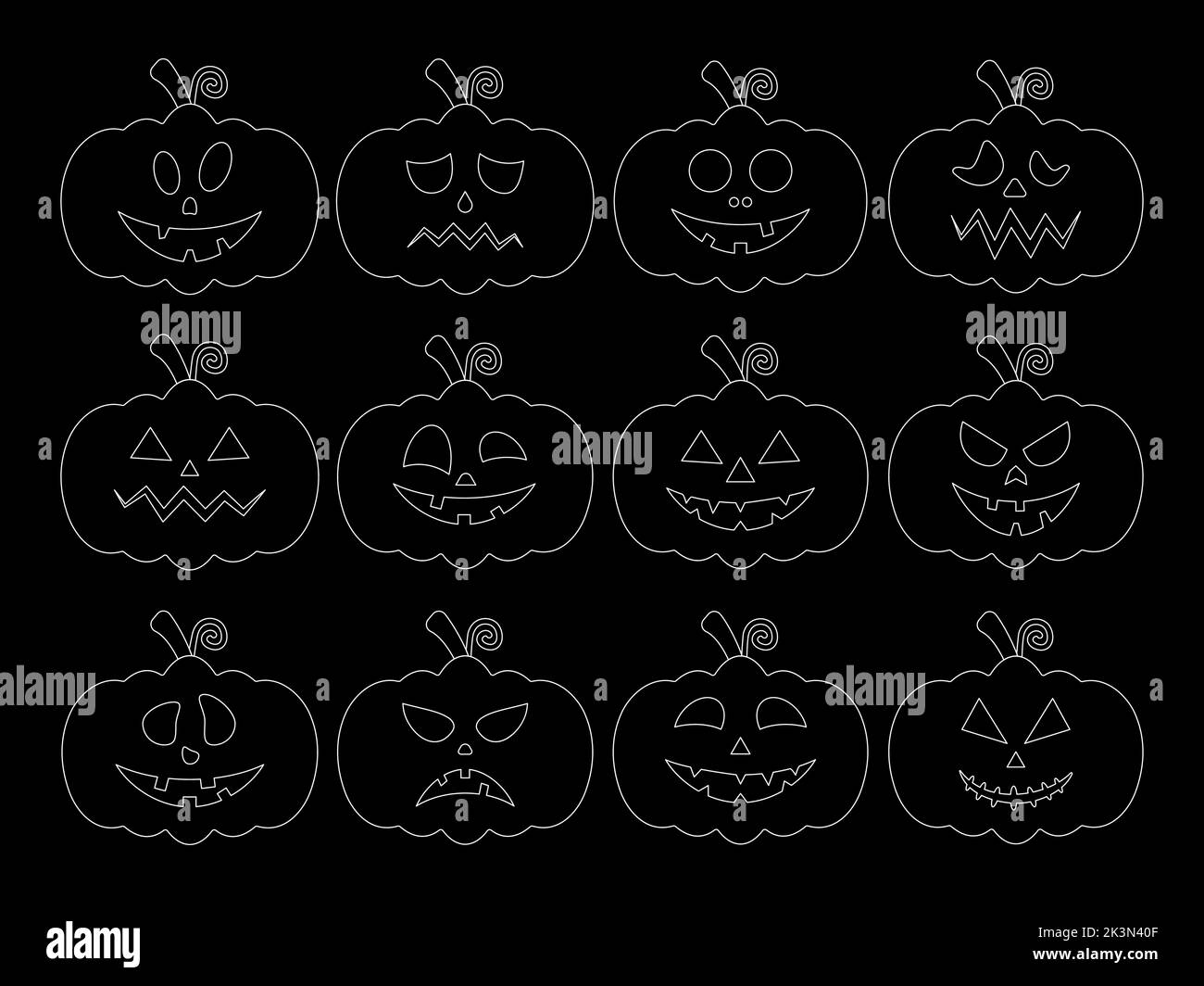 Pumpkin line faces set. Halloween linear pumpkins collection. Vector ...