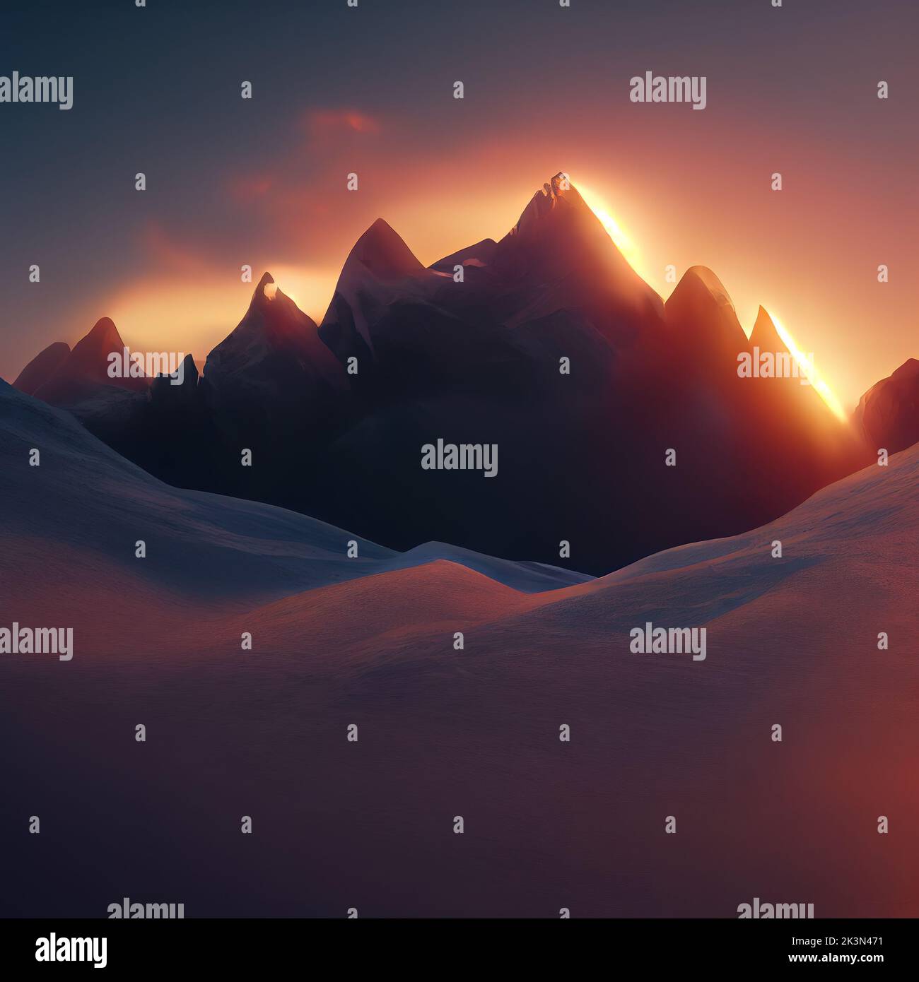 The rising sun shines behind the mountais. The sun sets behind the ...