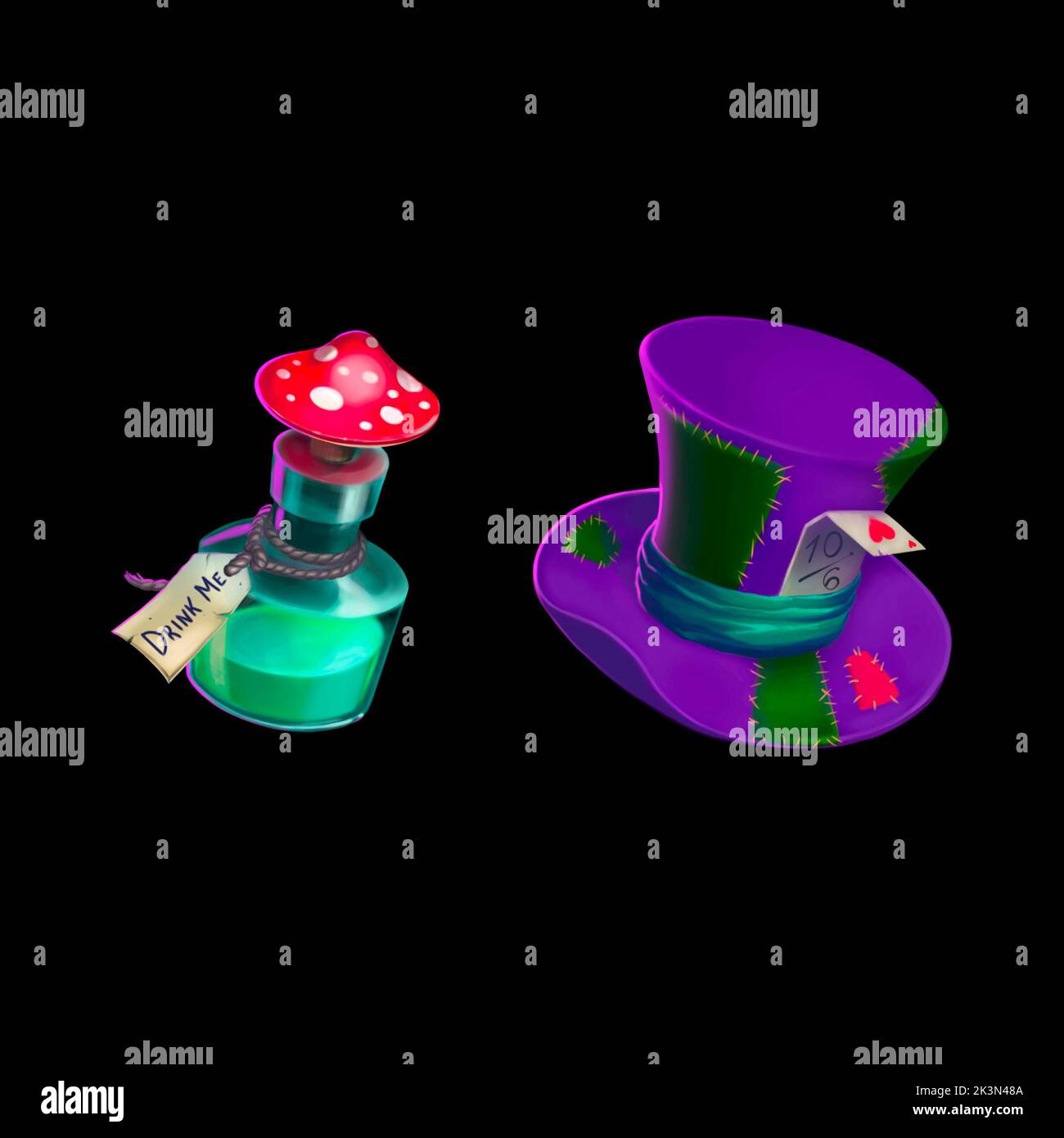 Digital illustration of Alice in Wonderland set. Hat, cards, mushrooms ...