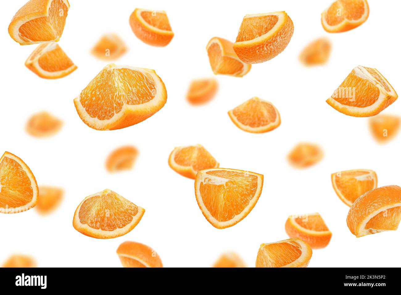 Falling orange slice isolated on white background, selective focus ...