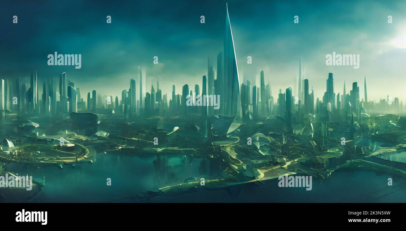A 3D render of a futuristic modern dystopian city with tall buildings ...