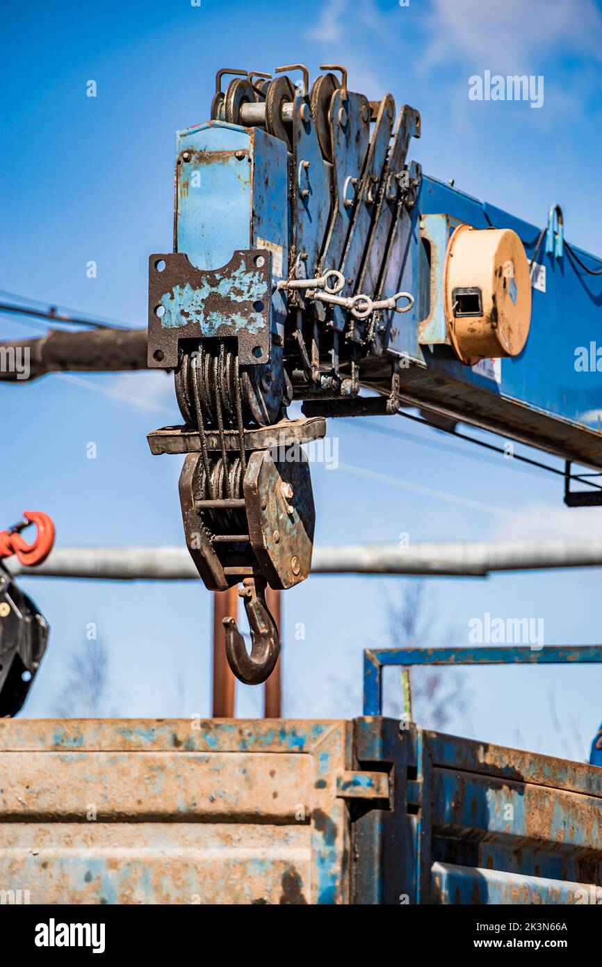 Hook of old rusty construction crane. Abandoned equipment in old ...
