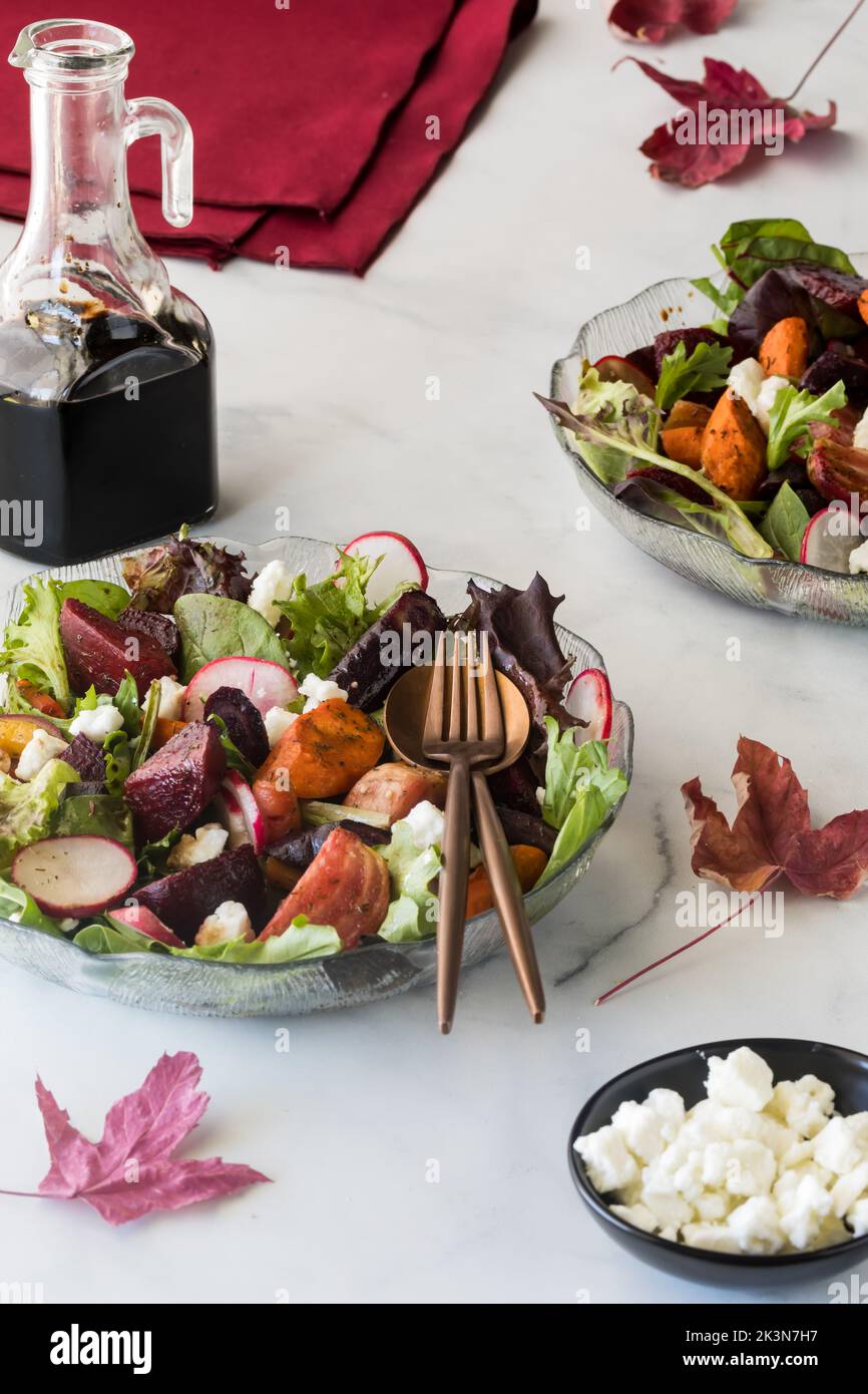 Homemade roasted beet and carrot salads, served with feta and balsamic ...